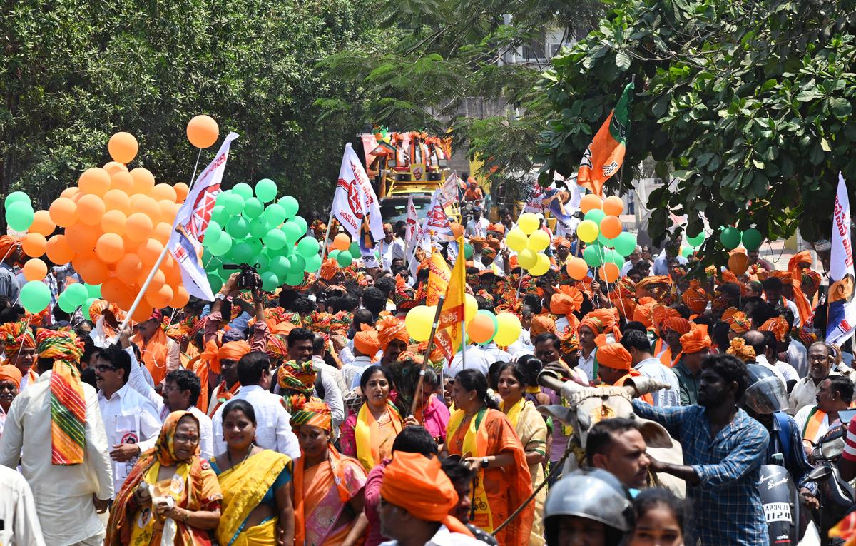 BJP candidate Vishnu Kumar Raju files nomination with traditional rally in Visakhapatnam North ...